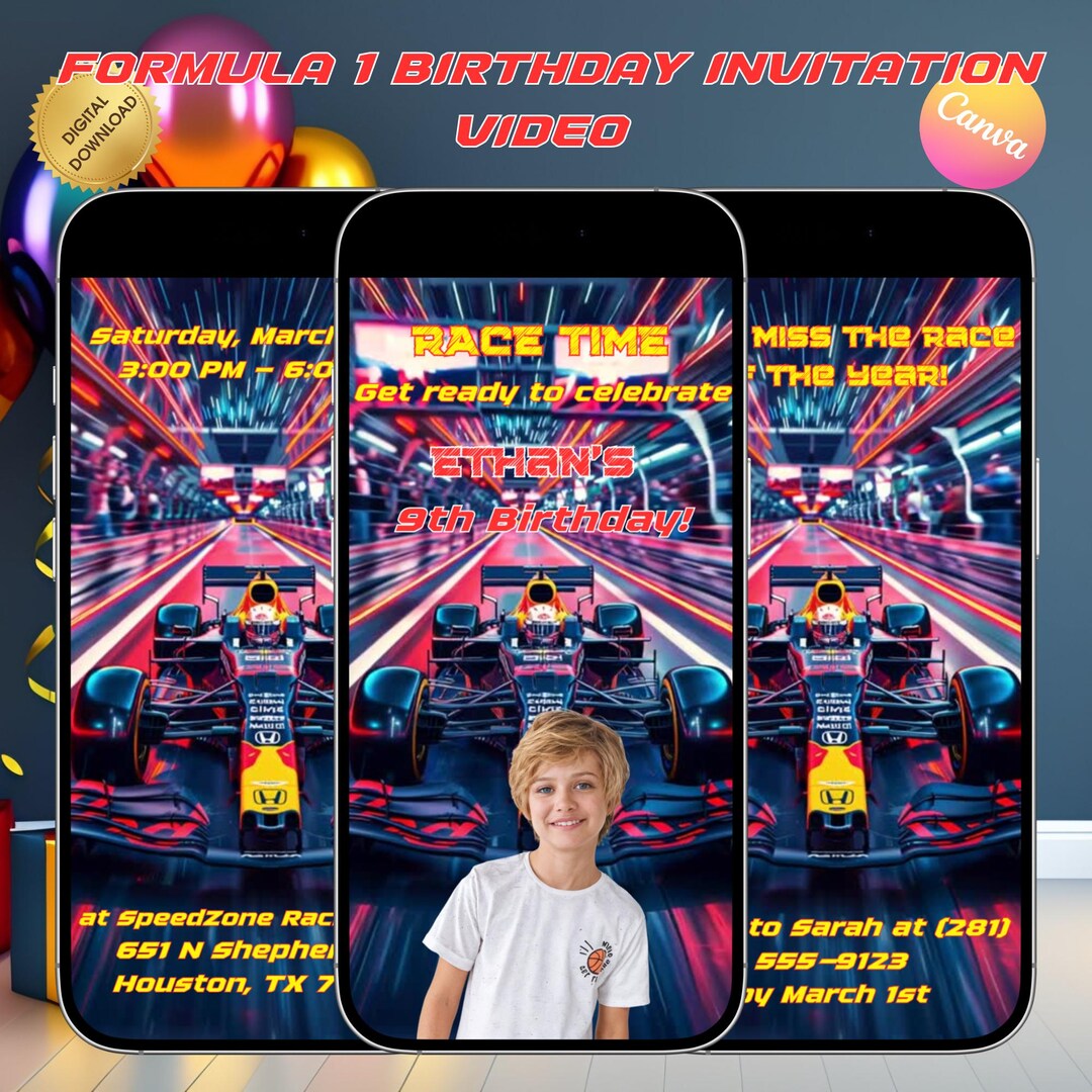 Formula 1 Birthday Video Invitation | Race Car Party, Editable Canva ...