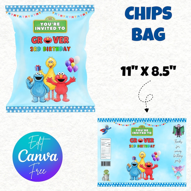 Sesame Street Party Favor, Elmo Birthday, Sesame Chips Bag, Elmo Favors ...