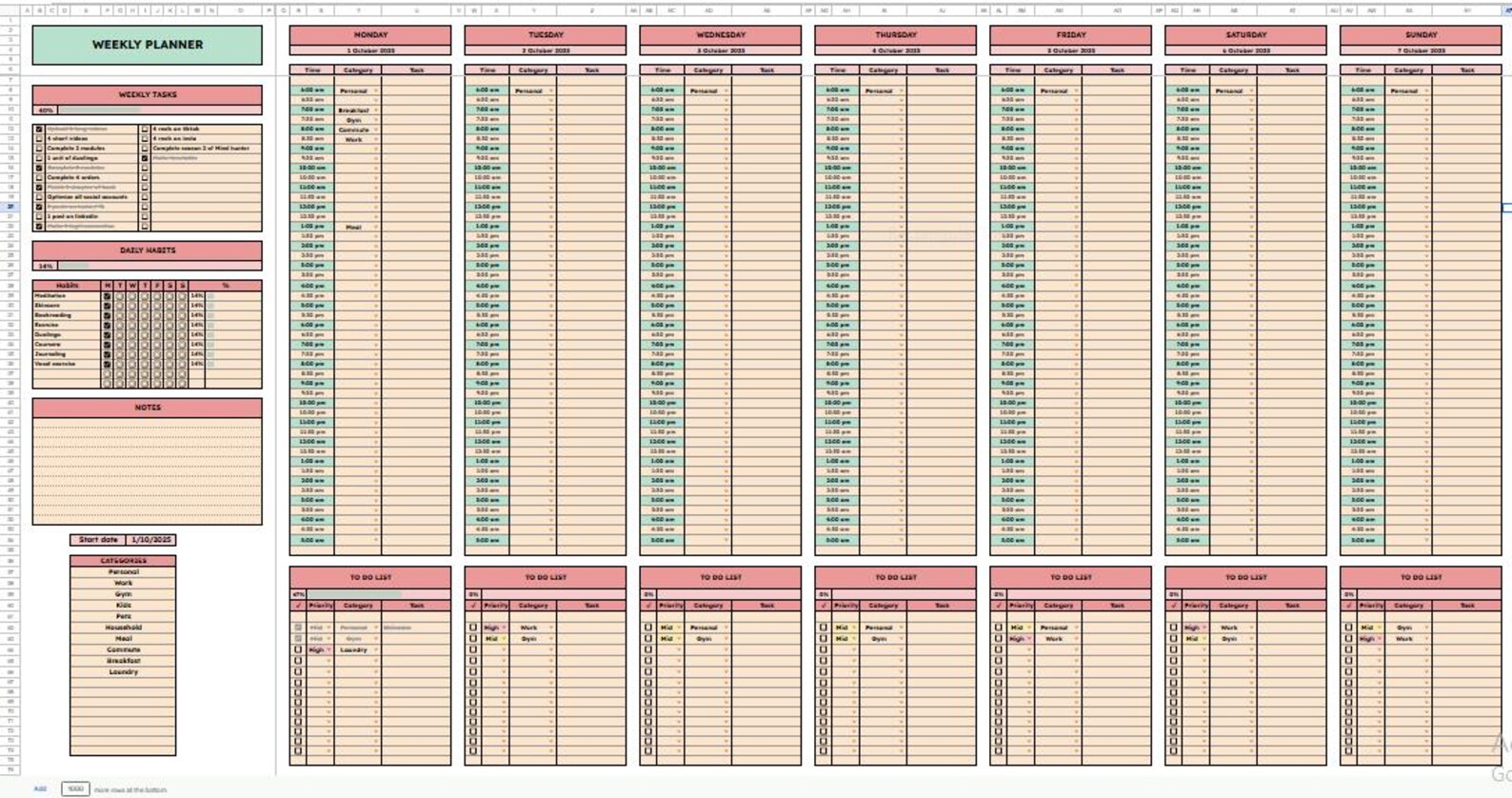 Weekly Planner Spreadsheet | Google Sheets/excel Template for Ultimate ...