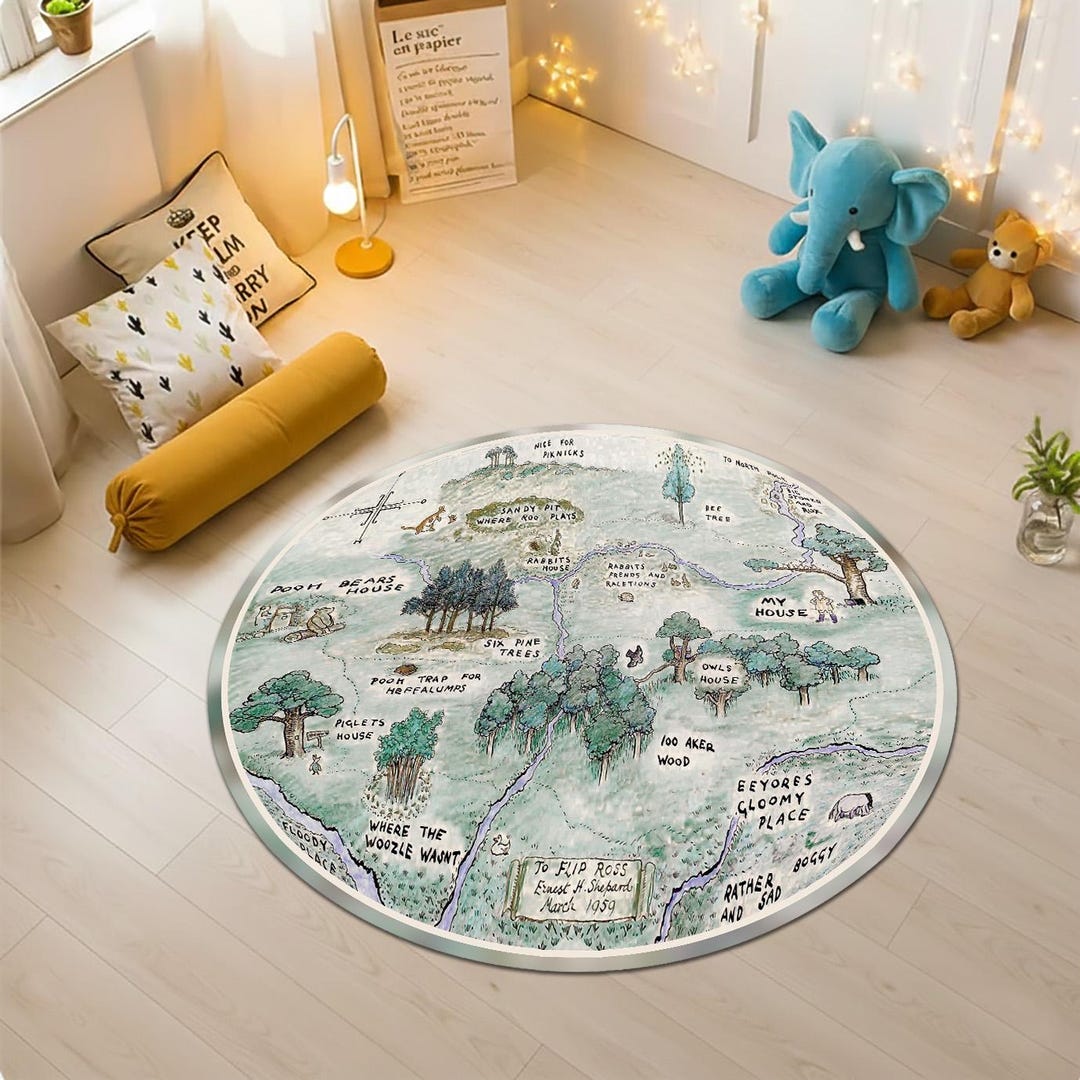 Vintage Storybook Map Round Rug, Hundred Acre Woods Style, Kids Room ...