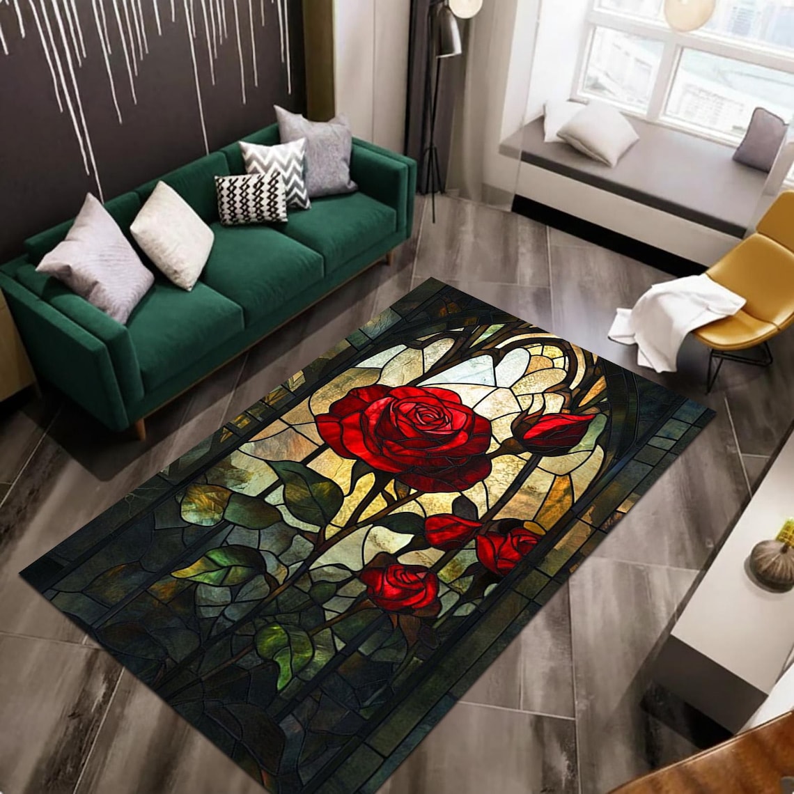 Stained Glass Rose Rug, Gothic Art Nouveau Style, Floral Carpet - Etsy