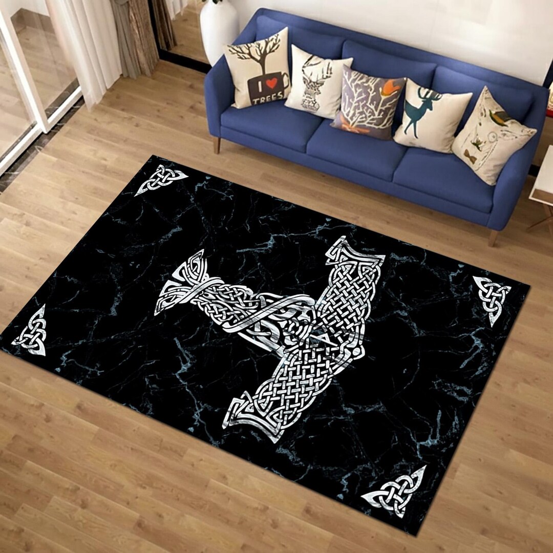 Viking Rune Area Rug, Norse Mythology Floor Mat, Mjolnir Hammer Carpet ...