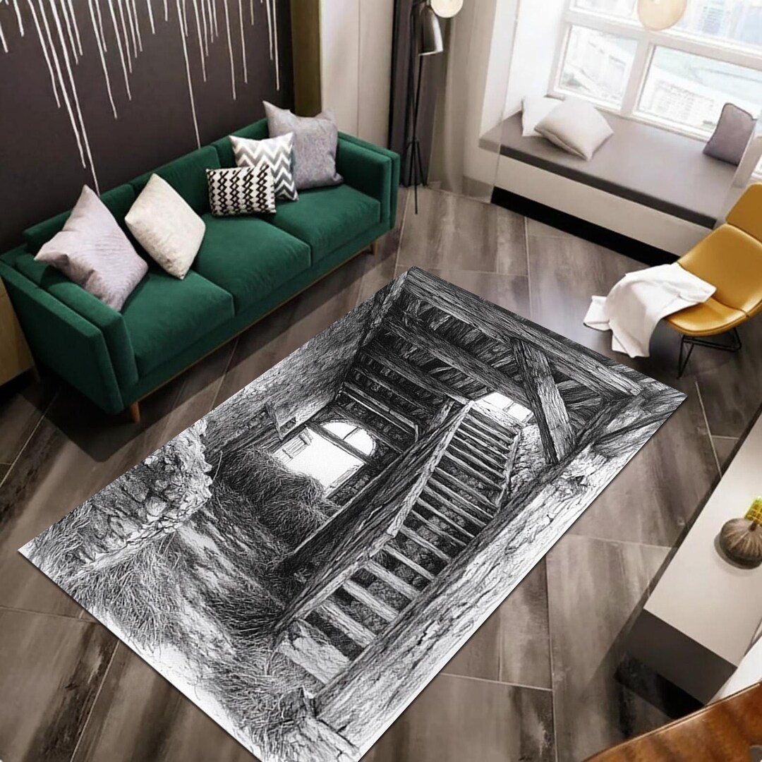 Monochrome Barn Rug, Hay Bale Floor Mat, Old Wooden Stairs Carpet, Dark ...