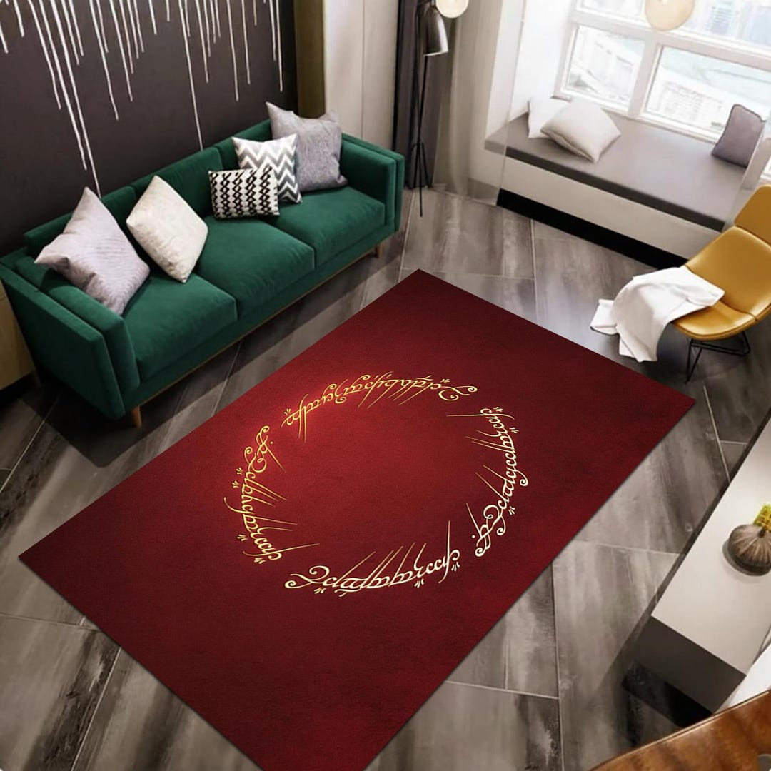 Magical Themed Area Rug, Red Gold Script Floor Mat, Fantasy Rune Carpet ...