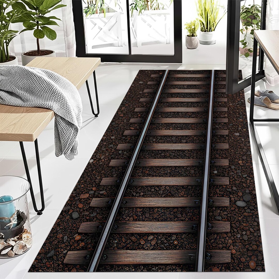 Railroad Track Themed Area Runner, Rustic Industrial Floor Mat, Dark ...