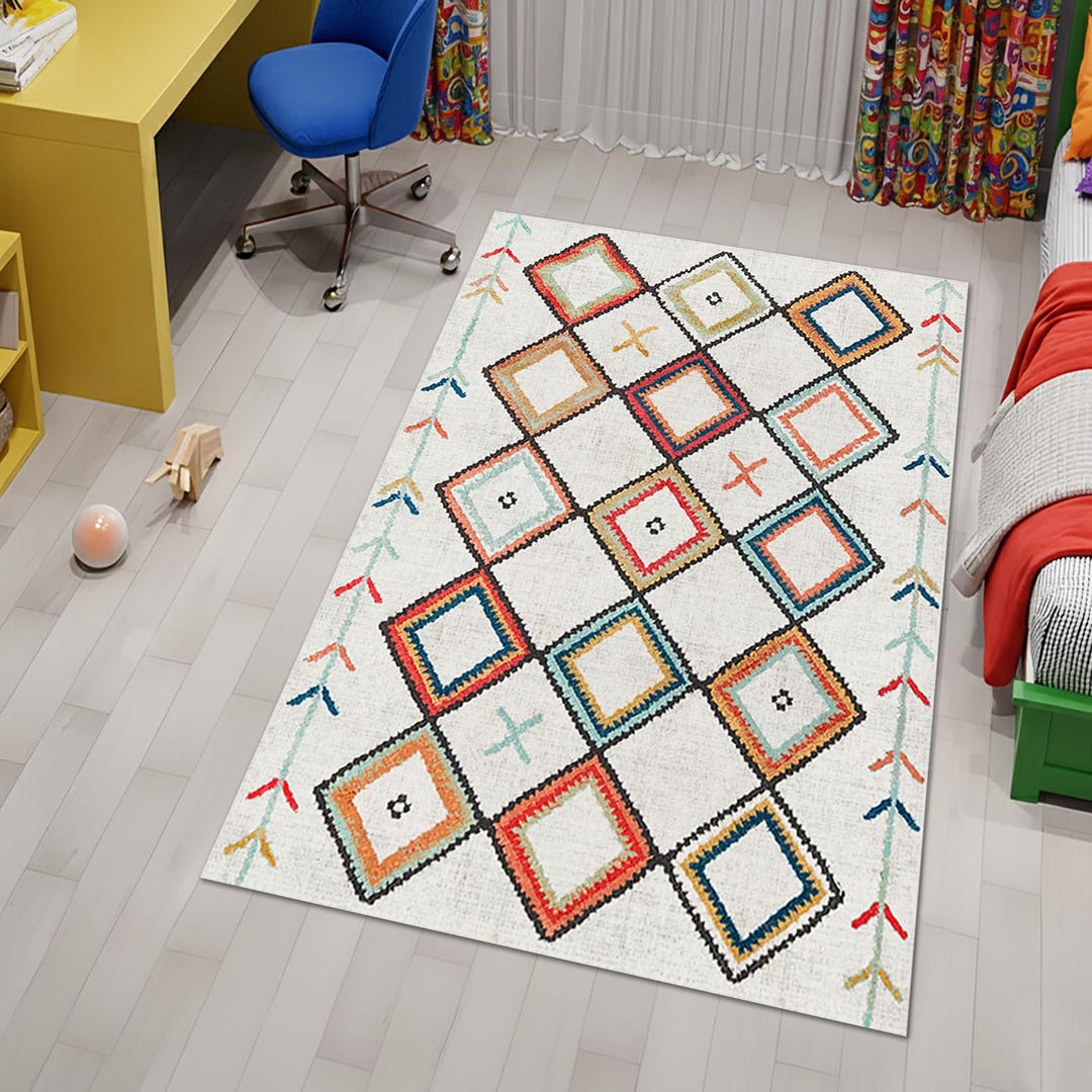 Boho Diamond Themed Area Rug, Colorful Geometric Mat, Tribal Pattern ...