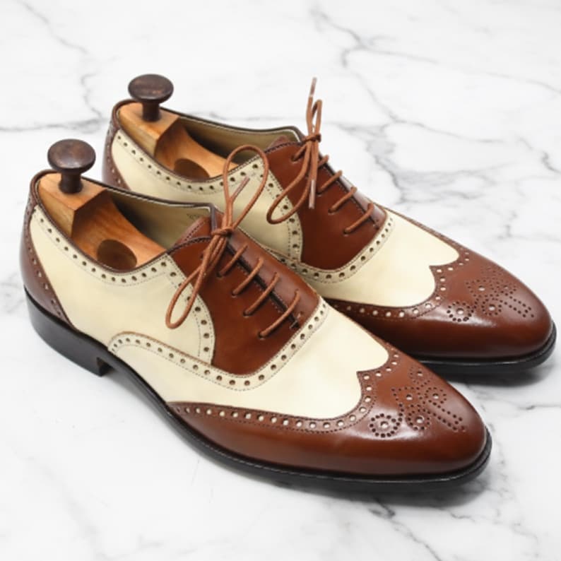 Bespoke Two-tone Leather Wingtip Brogue Shoes for Men – Handmade Men's ...