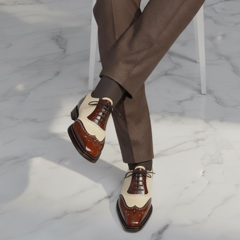 Bespoke Two-tone Leather Wingtip Brogue Shoes for Men – Handmade Men's ...