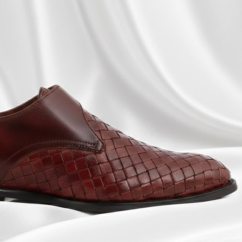 Handmade Brown Woven Leather Monk Strap Shoes for Men | Slip-on Dress ...