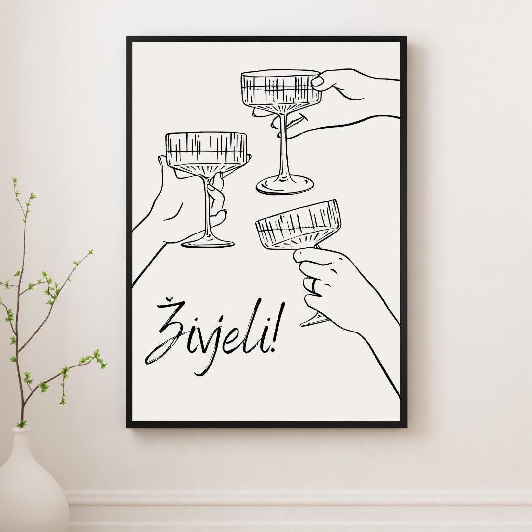 Zivjeli Poster | Balkan Toast Wall Art | Minimalist Wine Illustration ...