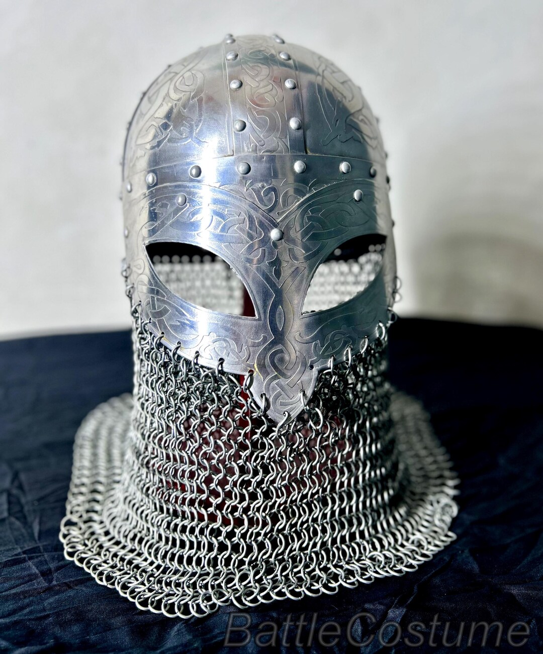 Medieval Engraved Knight Helmet With Chainmail Aventail | Viking Gothic ...