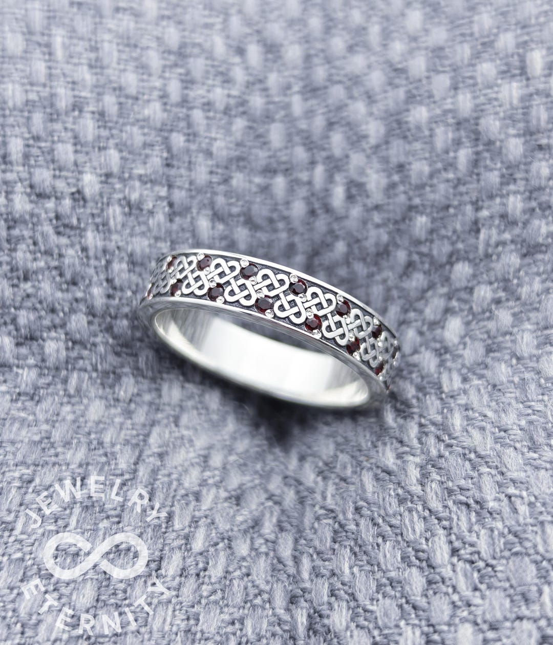 Silver Ring With Endless Heart Knot Pattern and Garnet Stones, Sterling ...