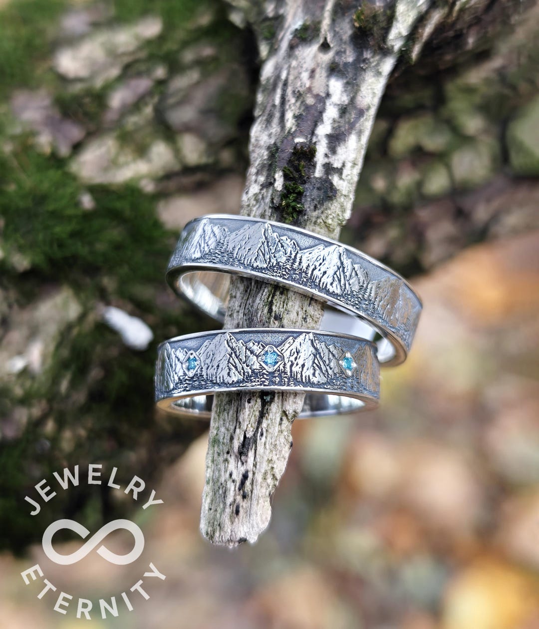 Mountain and Forest Wedding Ring Set – Sterling Silver Nature-inspired ...