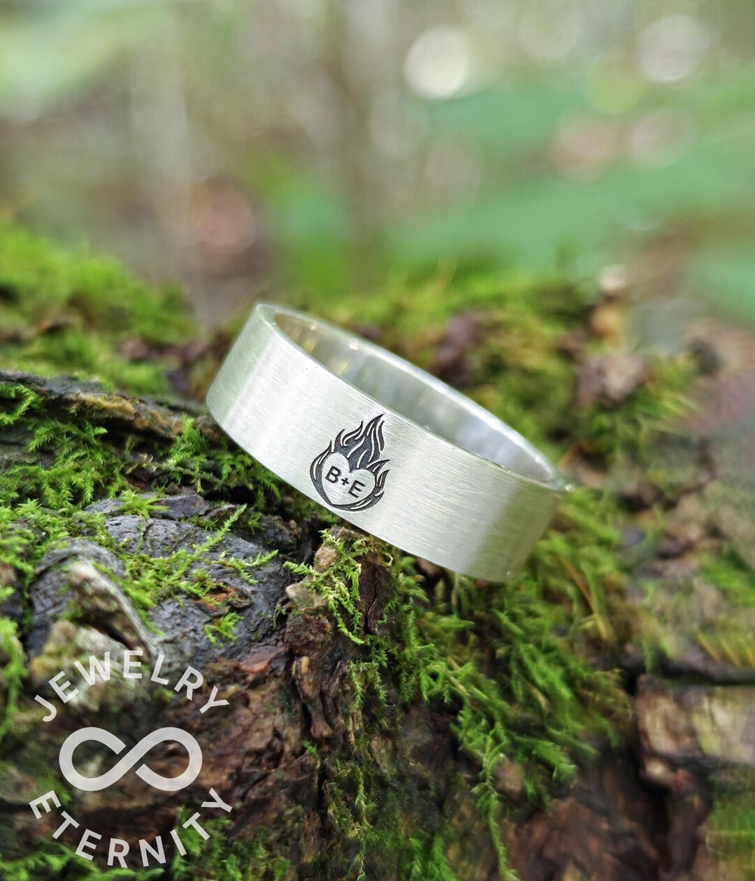 Flame Symbol Engraved Band With Custom Initials – Matte Sterling Silver ...