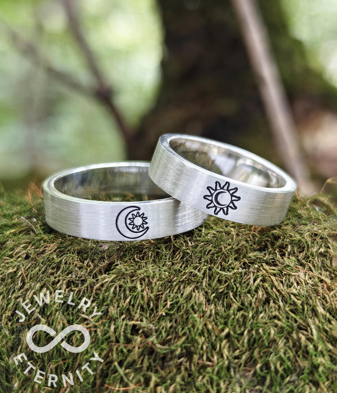 Sun and Moon Engraved Sterling Silver Wedding Ring Set - Oxidized Matte ...