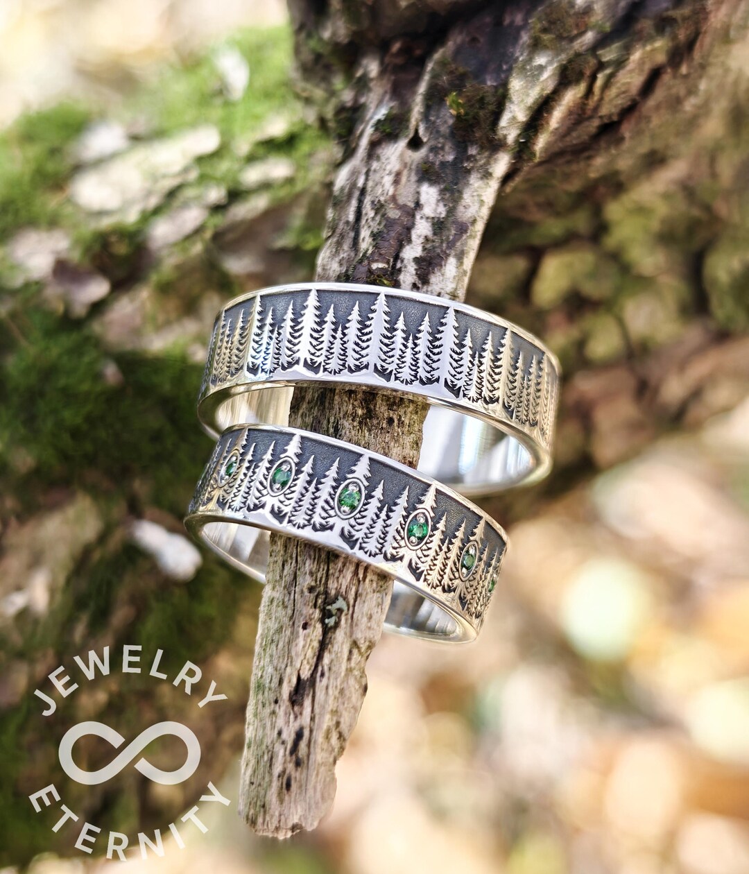 Pine Tree Landscape Wedding Bands – Oxidized Sterling Silver Forest ...