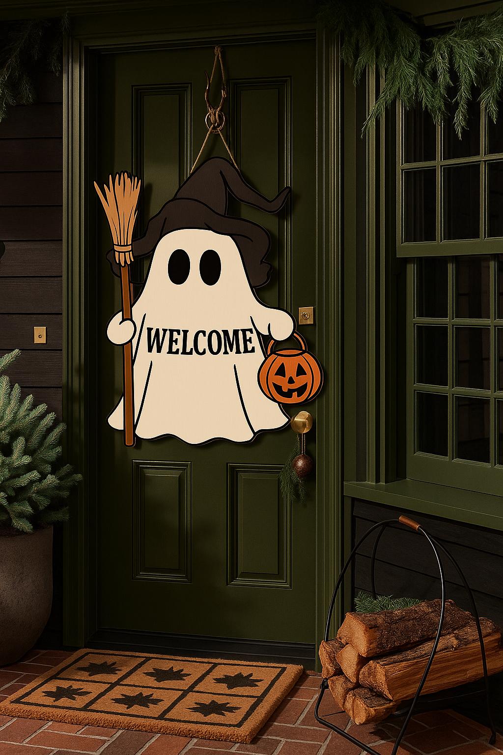 Halloween Ghost Welcome Sign: Witch Hat, Broom, Pumpkin - Wooden Door ...