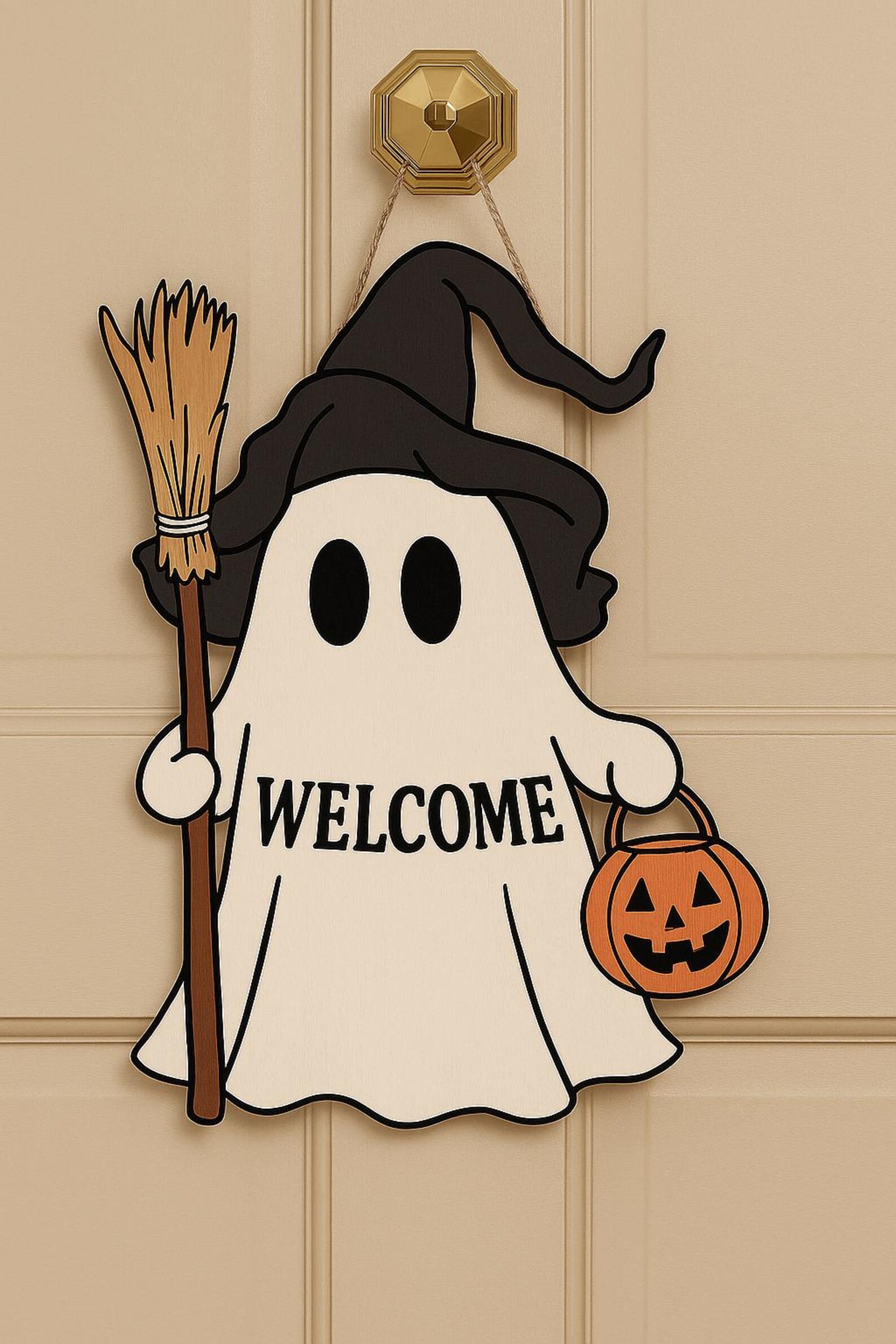 Halloween Ghost Welcome Sign: Witch Hat, Broom, Pumpkin - Wooden Door ...