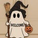 Halloween Ghost Welcome Sign: Witch Hat, Broom, Pumpkin - Wooden Door ...