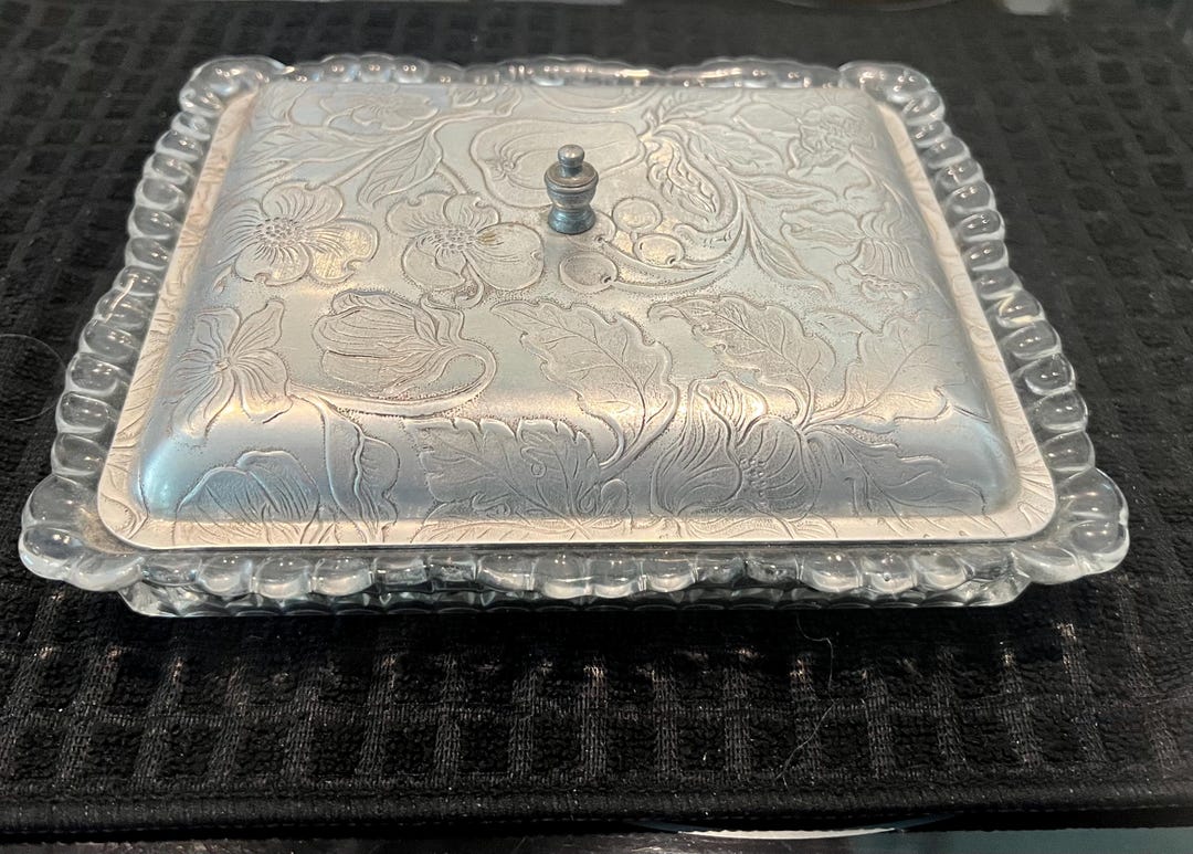 Vintage Cut Glass Condiment Tray With Pounded Aluminum Floral & Fruit ...