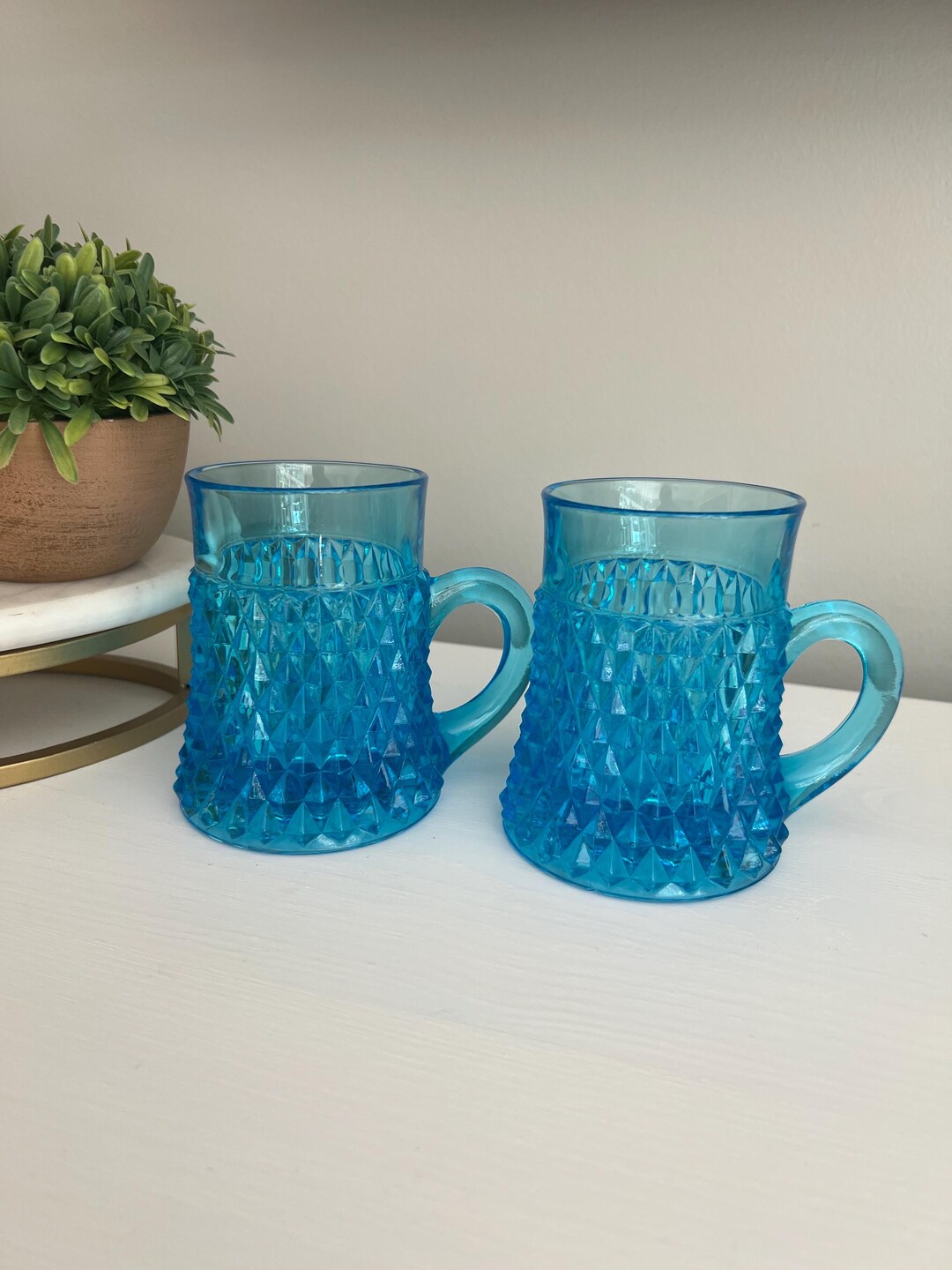 Vintage Indiana Glass Diamond Point Mugs Set in Regal Blue - Etsy