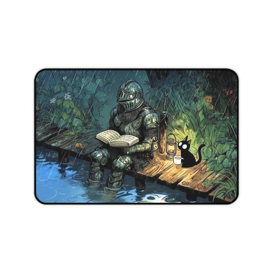 Armored Knight Reading by Pond Desk Mat | Cat Lantern Illustration - Etsy
