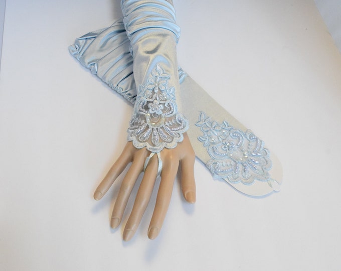 Light Blue Rouched Luster Stretch Satin Fingerless Gloves Elbow Length ...