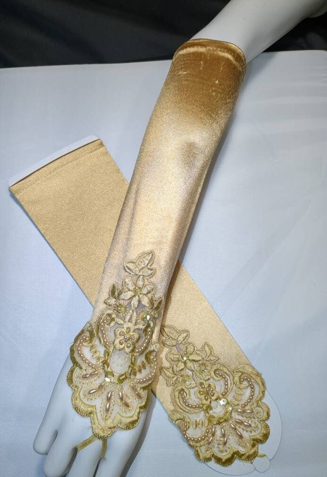 Gold Luster Stretch Satin Fingerless Gloves Elbow Length Beaded Lace ...