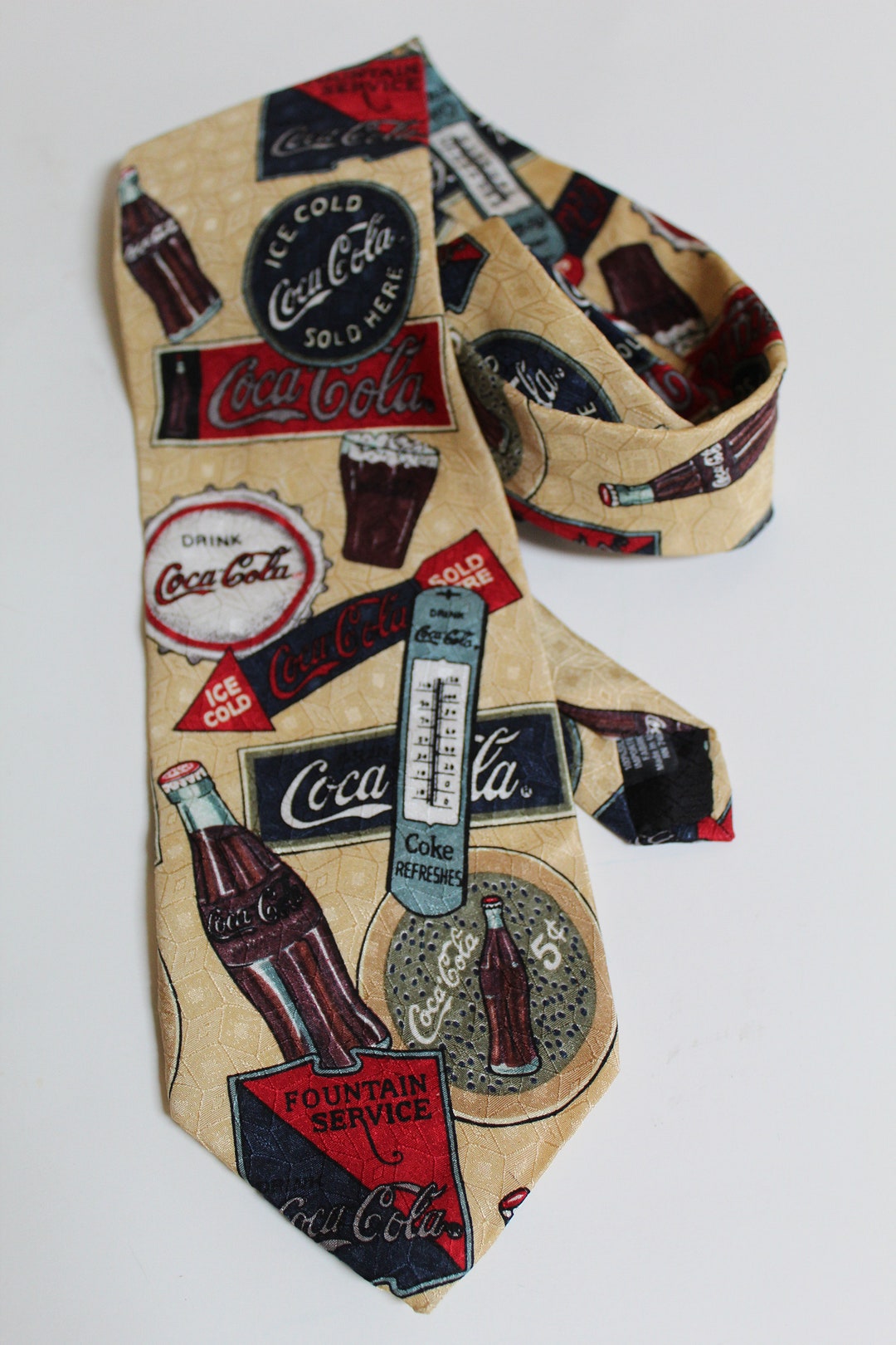 Coca Cola Necktie Gold Tie With Coke Soda Bottles and Caps 100% Silk ...