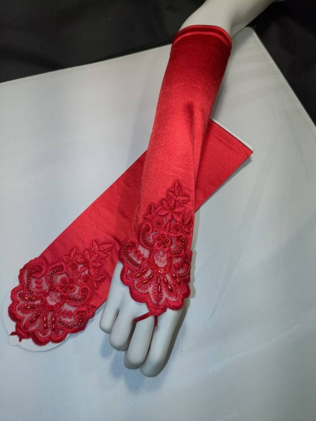 Red Luster Stretch Satin Fingerless Gloves Elbow Length Beaded Lace ...