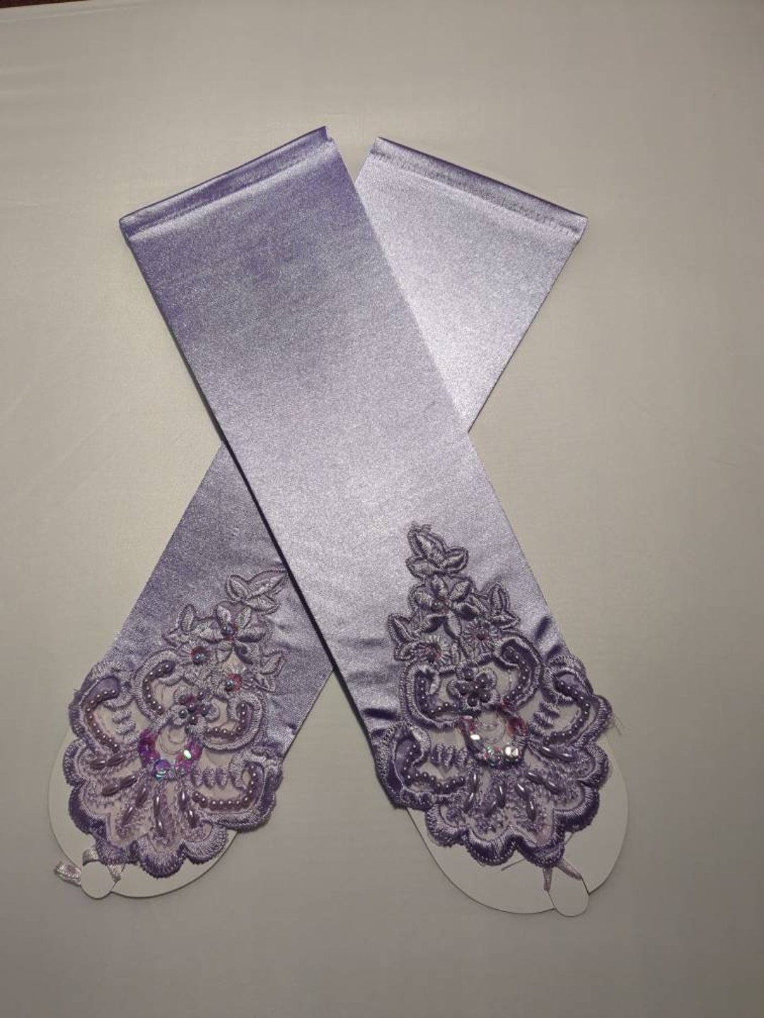 Lilac Luster Stretch Satin Fingerless Gloves Elbow Length Beaded Lace ...