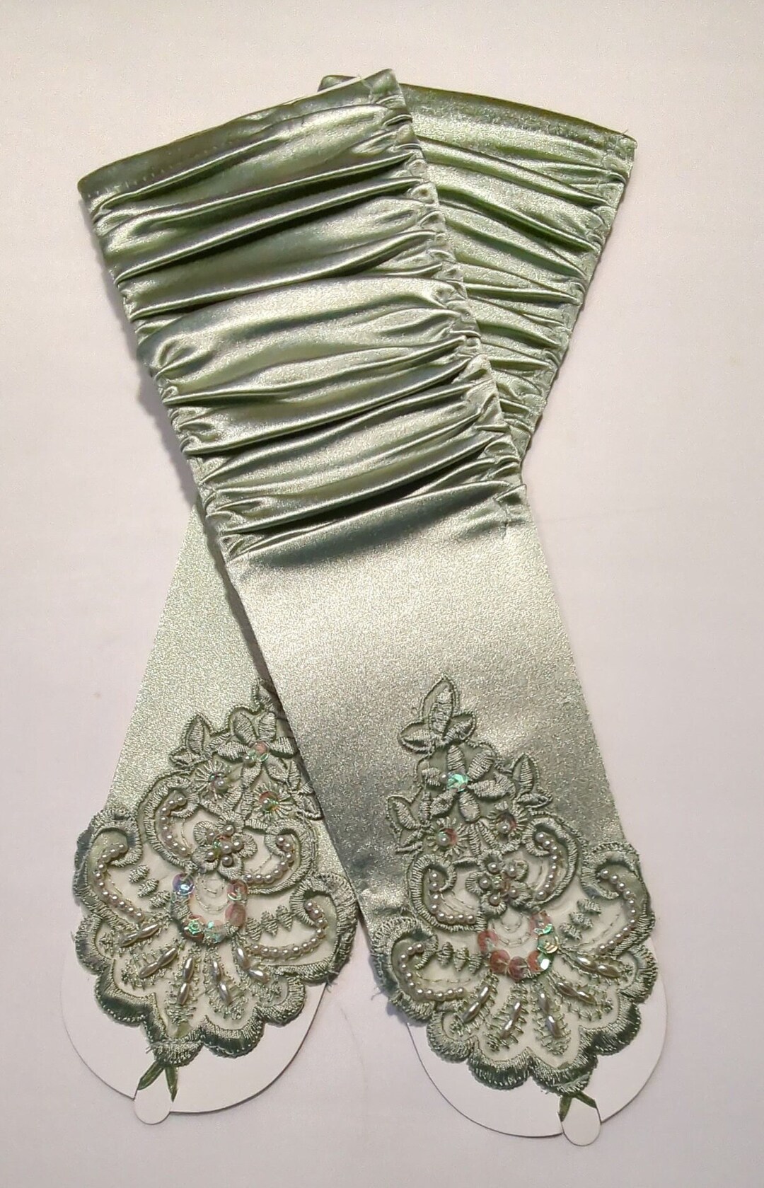 Sage Rouched Luster Stretch Satin Fingerless Gloves Elbow Length Beaded ...