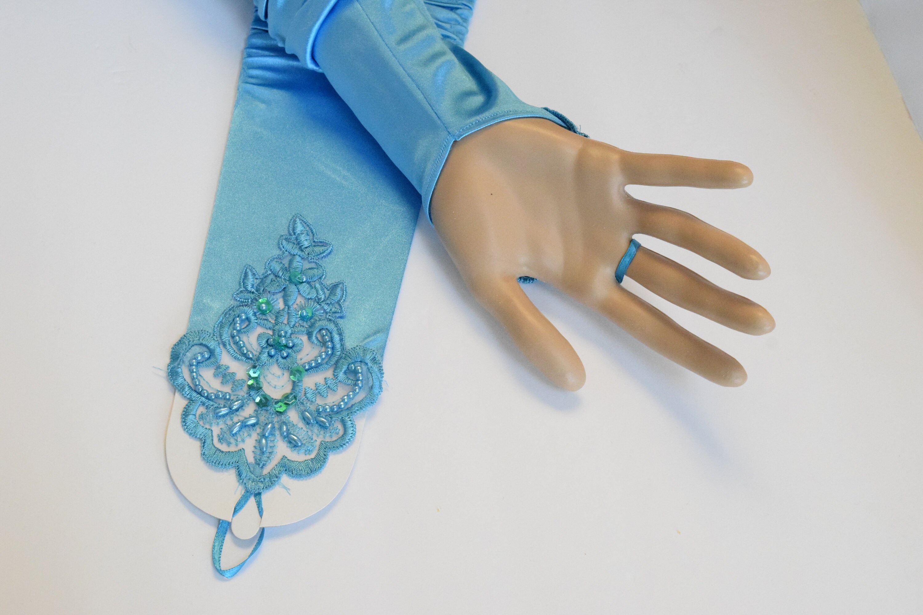 Turquoise Rouched Luster Stretch Satin Fingerless Gloves Elbow Length ...