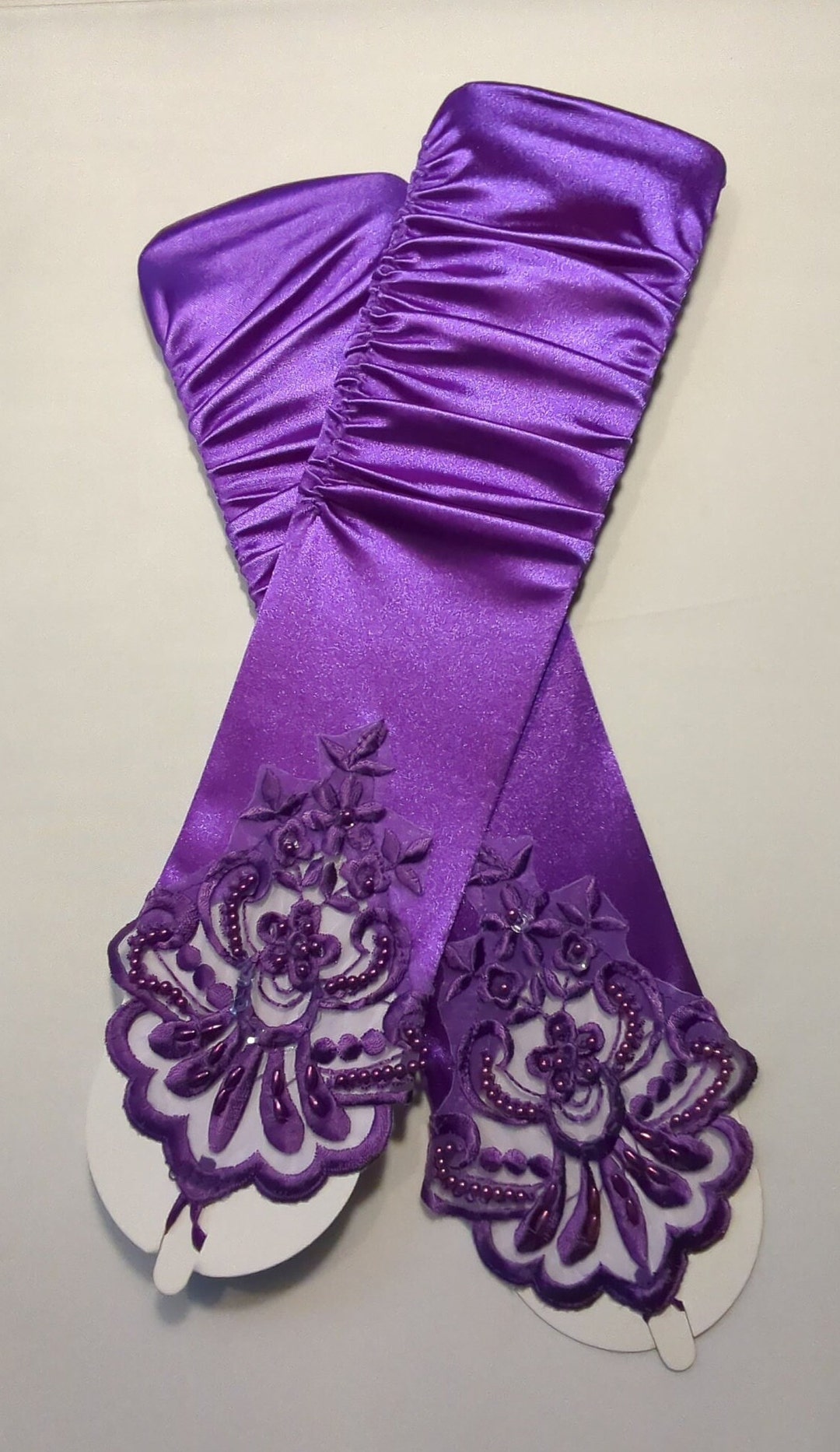 Purple Rouched Luster Stretch Satin Fingerless Gloves Elbow Length ...