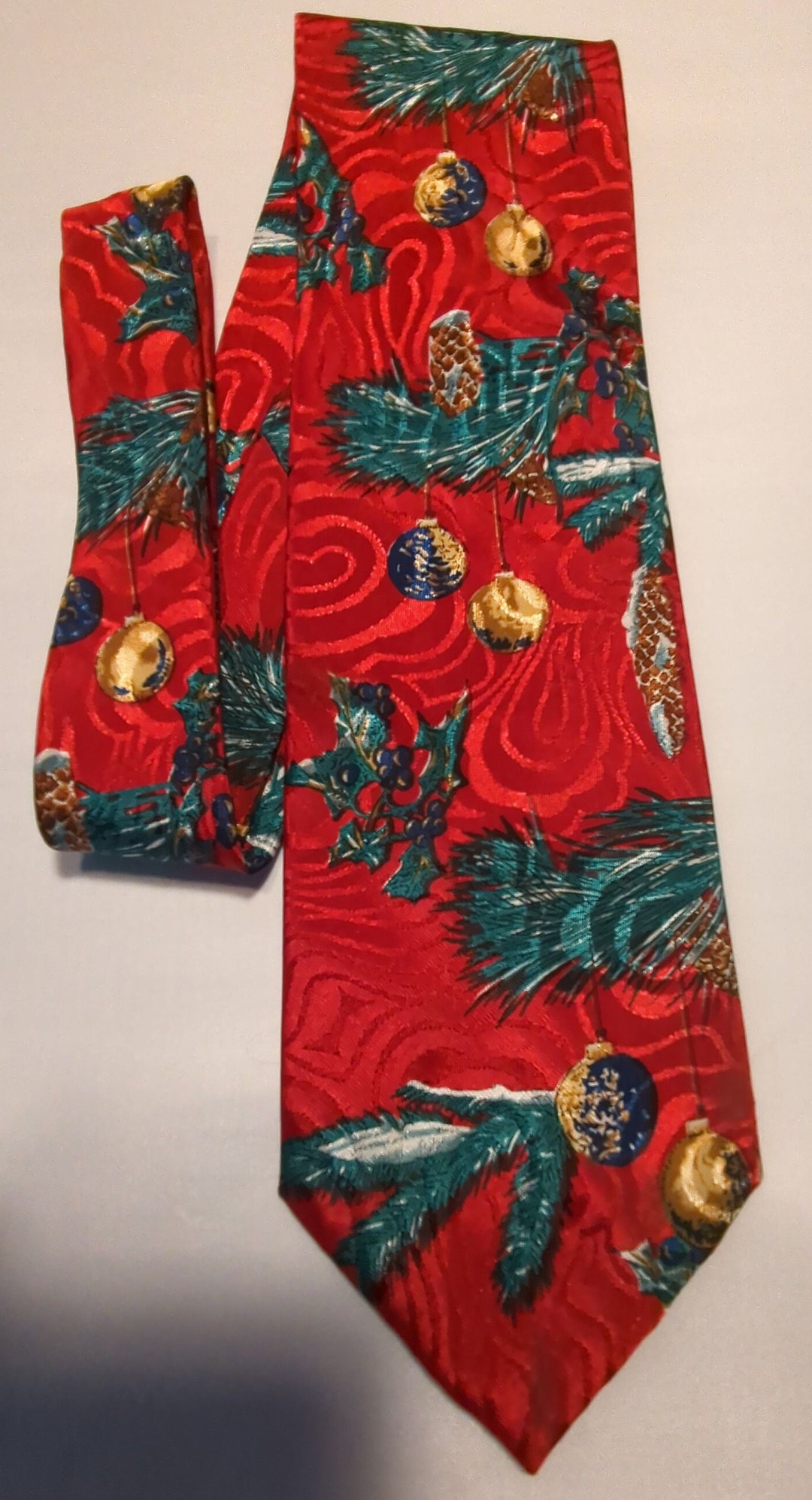 Red Christmas Necktie Featuring Christmas Ornaments Tree and Holly - Etsy