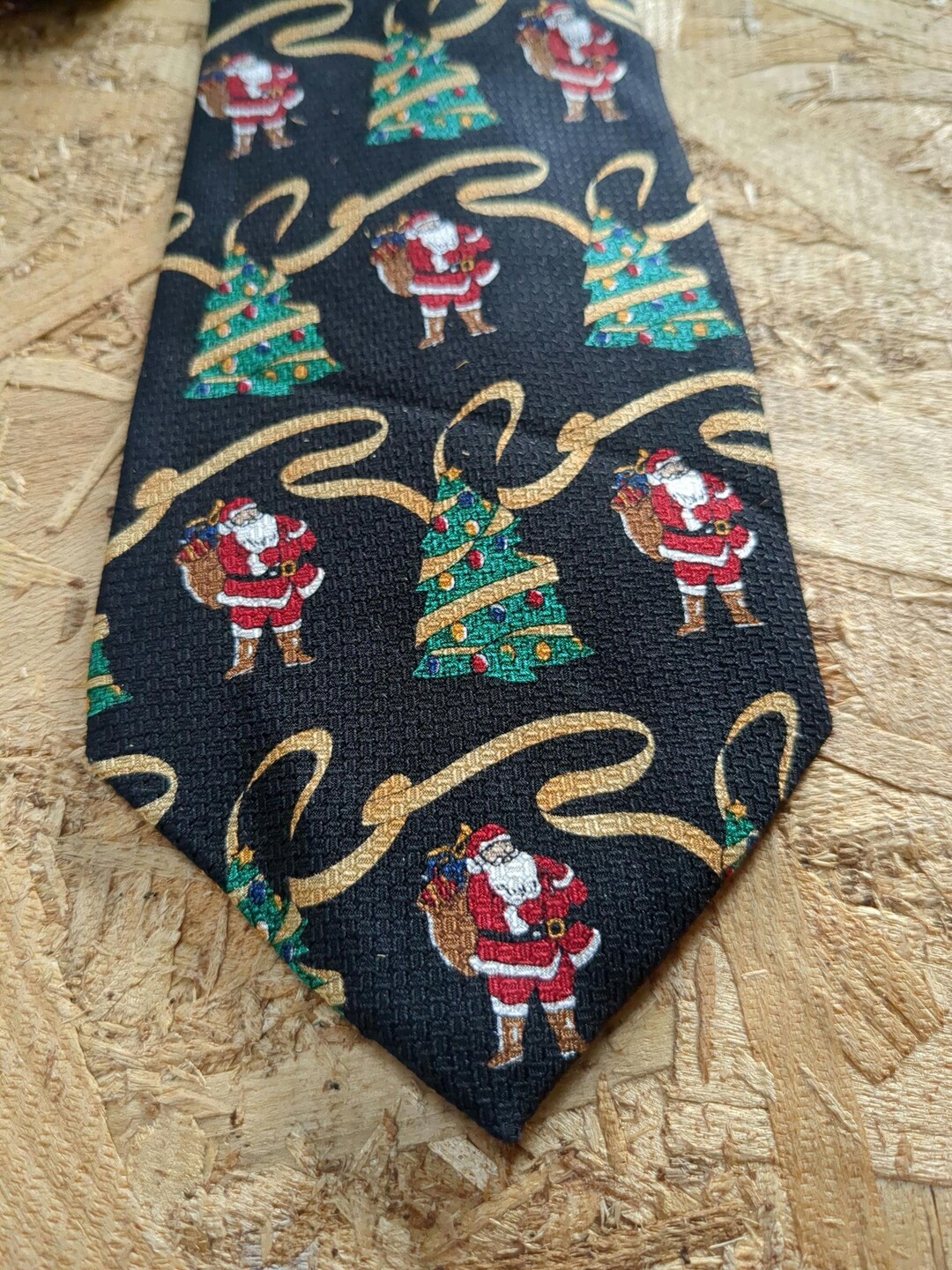 Santa Christmas Tree Golden Ribbon Design Tie Novelty Necktie Men's Tie ...