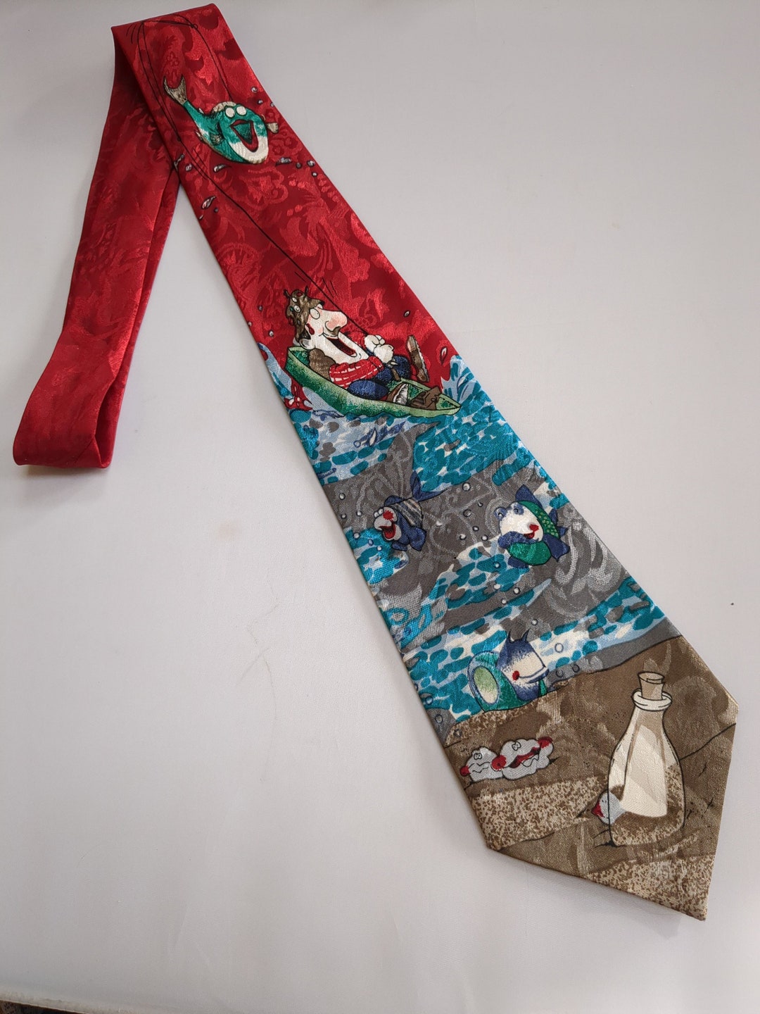 Fishing Necktie Features a Fisherman Hooked a Smiling Fish Novelty ...