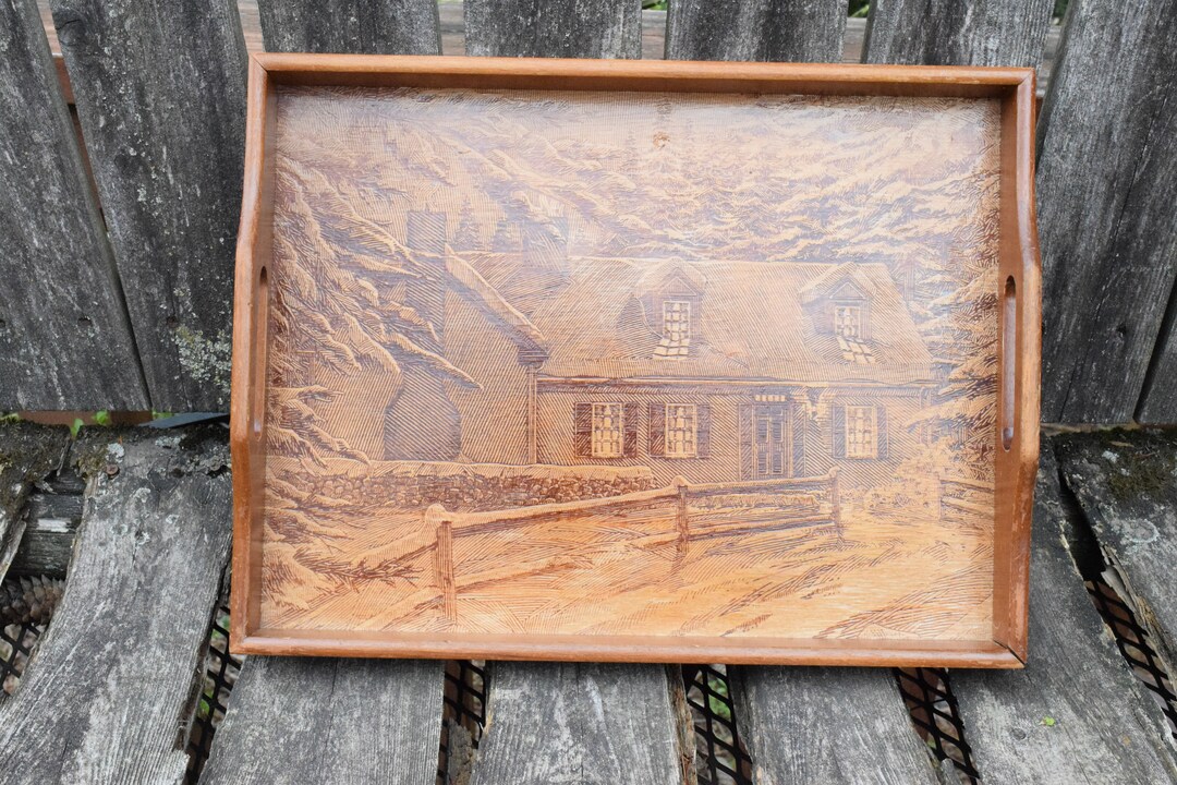 Wood Serving Tray Pyrography Winter Scene Cabin in Woods House of Lloyd ...