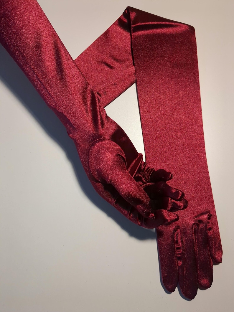 Burgundy Luster Stretch Satin Gloves Opera Length to Wrist 22" 18" 15 ...
