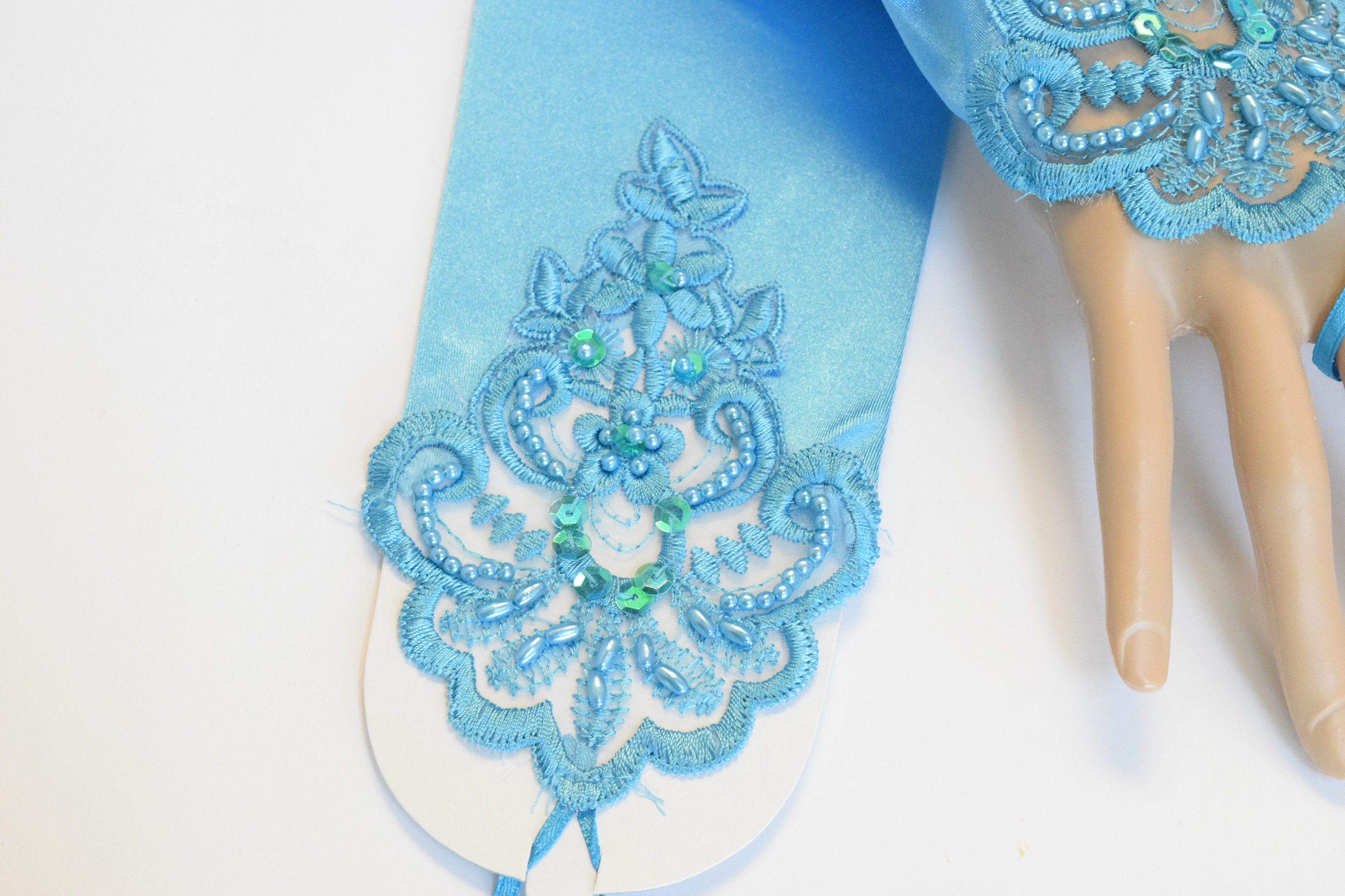 Turquoise Rouched Luster Stretch Satin Fingerless Gloves Elbow Length ...