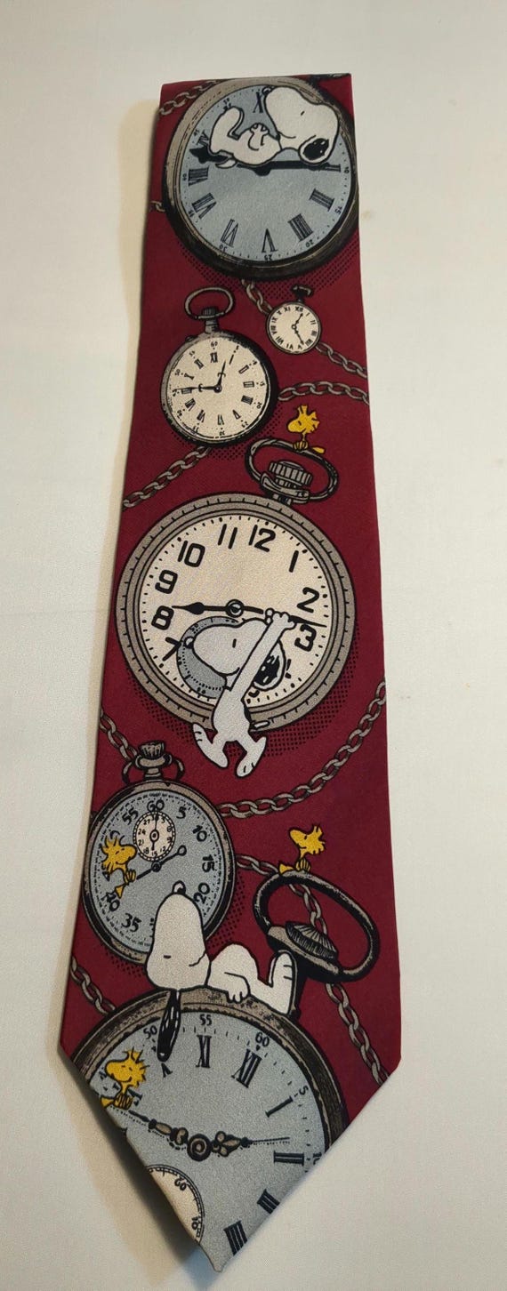 Snoopy Clock 'Right On Time' Peanuts Cartoon Men's Tie - Gem