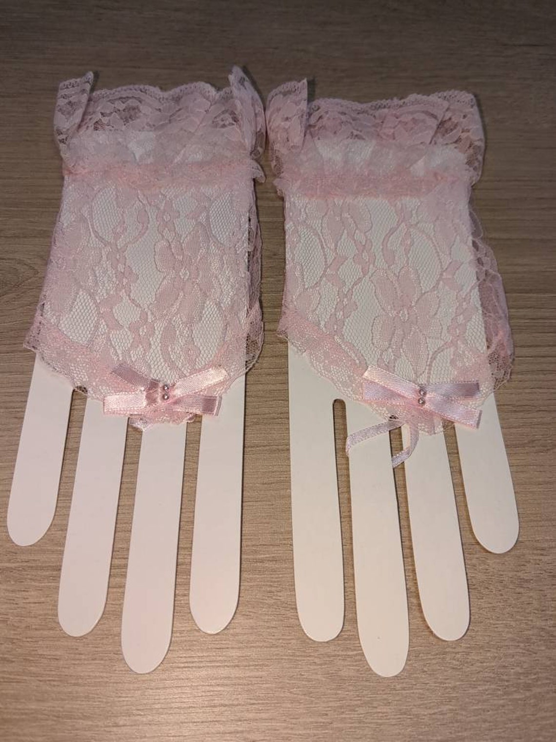 Pink Lace Ladies Fingerless Gloves Wrist Length 6" With Ruffled Cuff ...