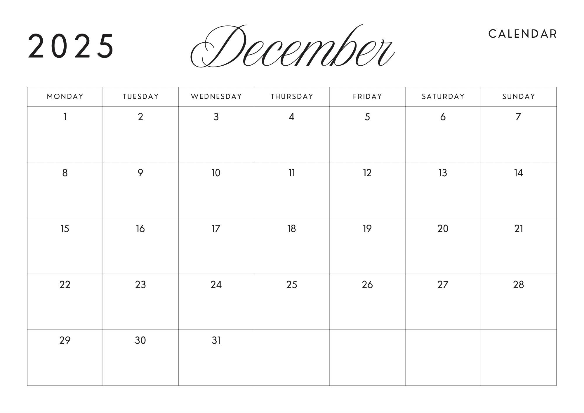 December 2025 Printable A4 Monthly Calender - Etsy