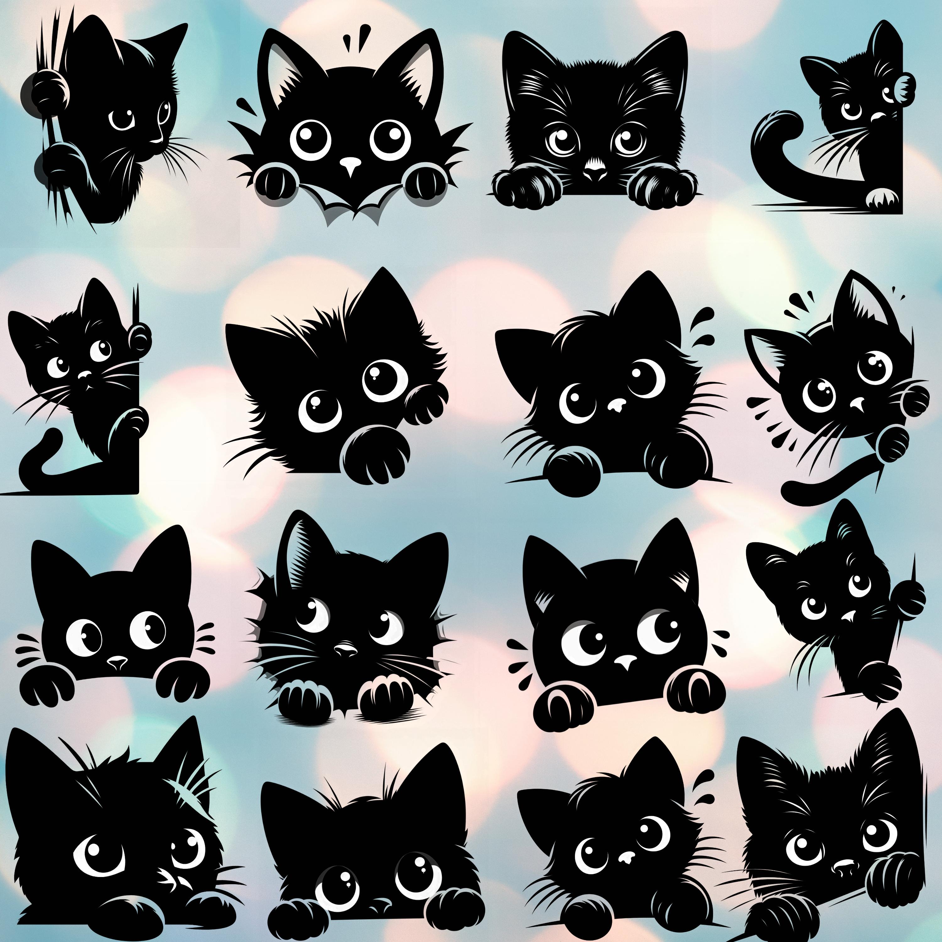 16 Black Cat Clipart Bundle PNG Set – Cute Minimal Vector Cats ...