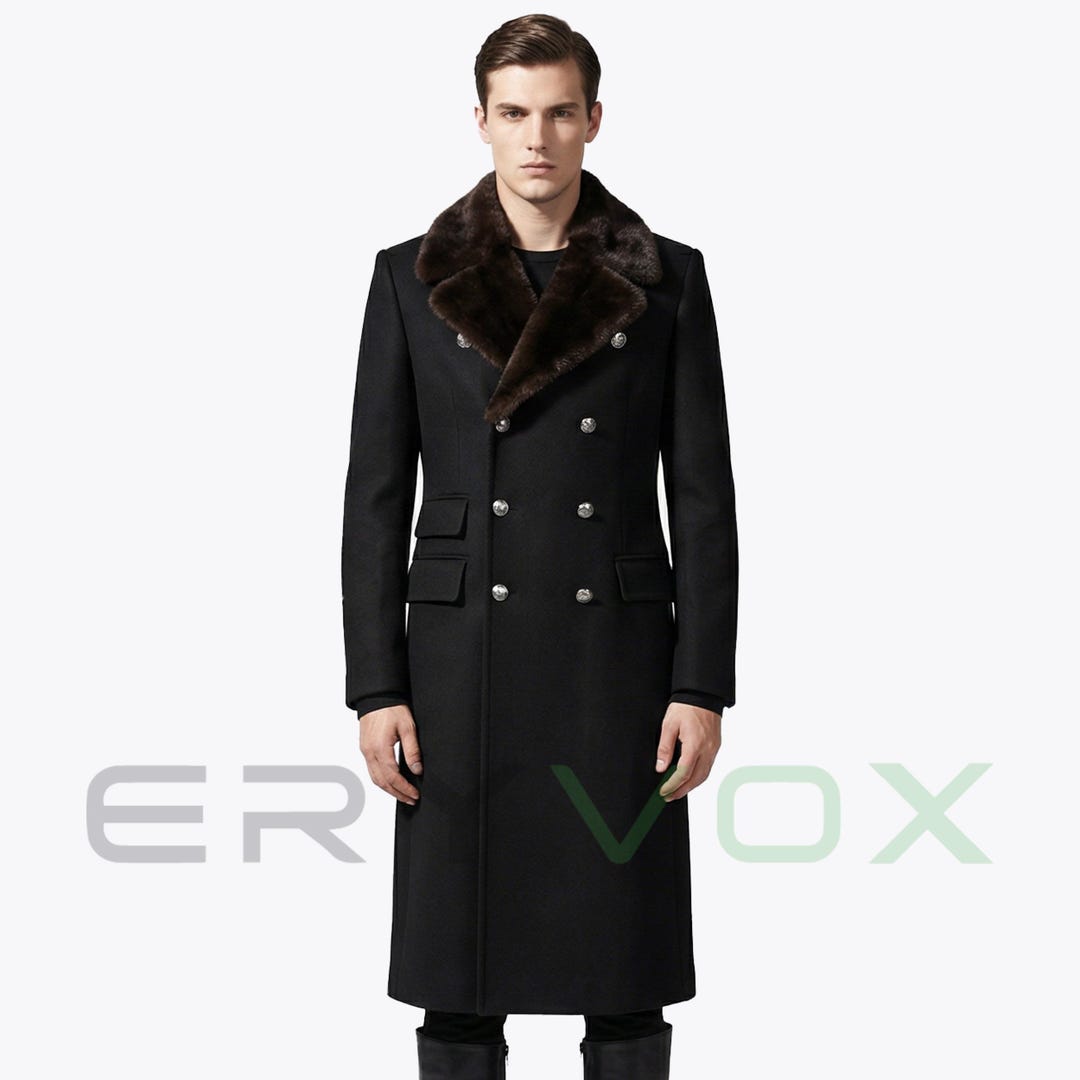 Mens Long Wool Coat With Faux Fur Collar Black Double Breasted Winter ...
