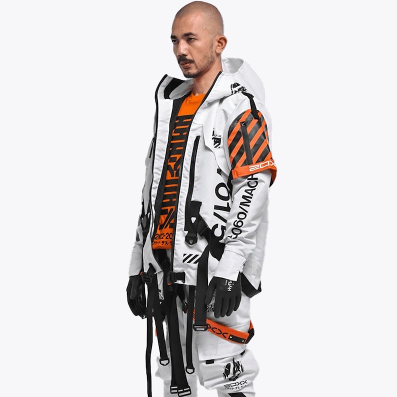 Cyberpunk White Techwear Bomber Jacket – Black Tactical Outerwear With ...