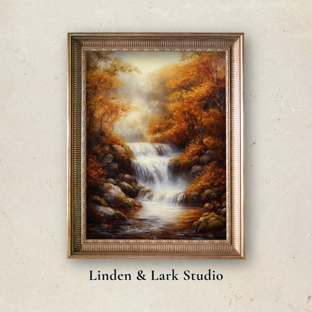 Autumn Waterfall Scene – Rustic Fall Landscape Art, Cottagecore Forest ...
