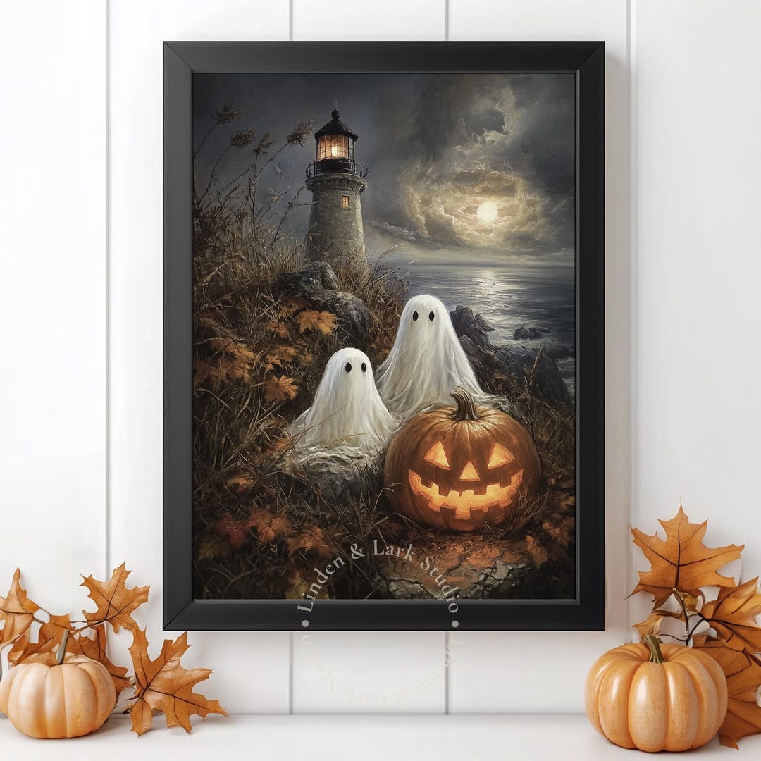 Haunted Lighthouse Halloween Print – Ghosts and Pumpkin Coastal Decor ...