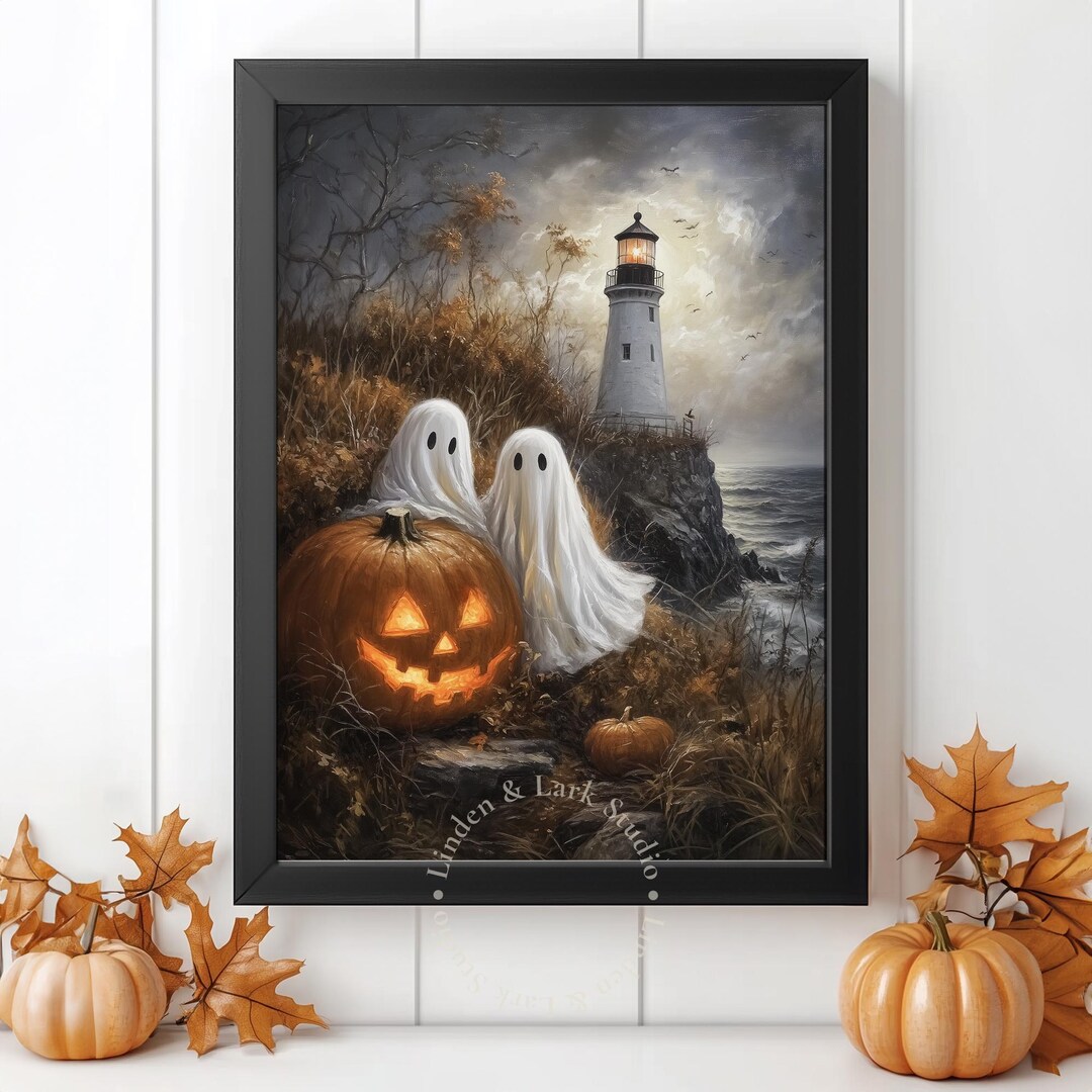 Spooky Lighthouse Halloween Print – Ghosts, Pumpkin, Coastal Wall Art ...