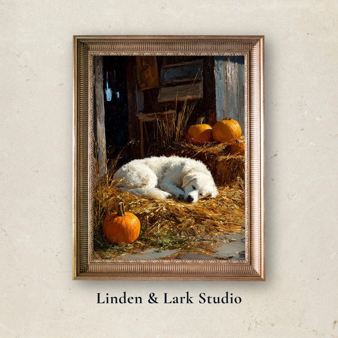 Great Pyrenees Autumn Print: Farmhouse Dog With Pumpkins (digital ...